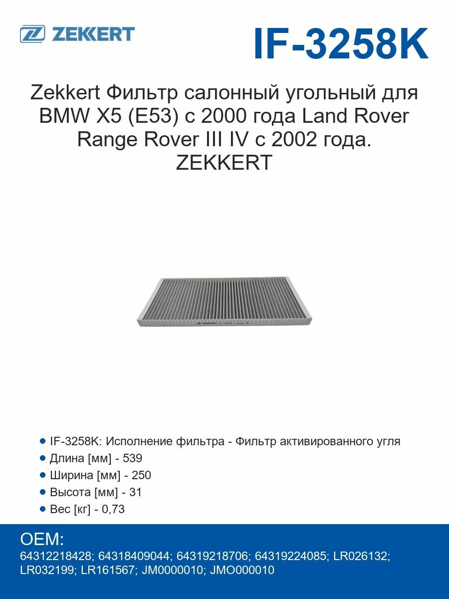 Zekkert Фильтр салонный угольный для BMW X5 (E53) с 2000 года Land Rover Range Rover III IV с 2002 года. ZEKKERT