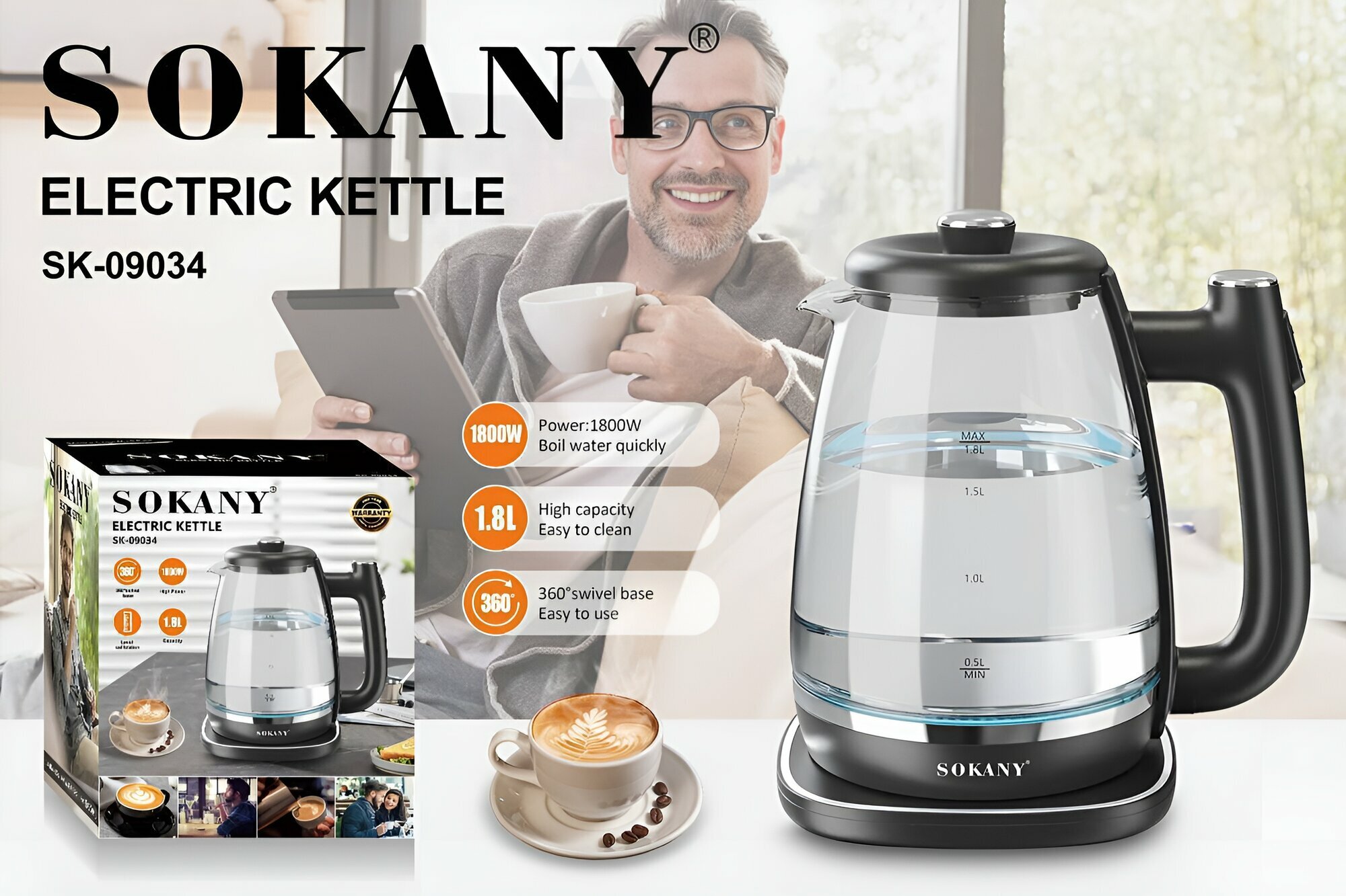 Электрический чайник SK-09034 с подсветкой, 2 л, 1800 Вт, бесшумное кипячение, вращение 360°, отключение при снятии