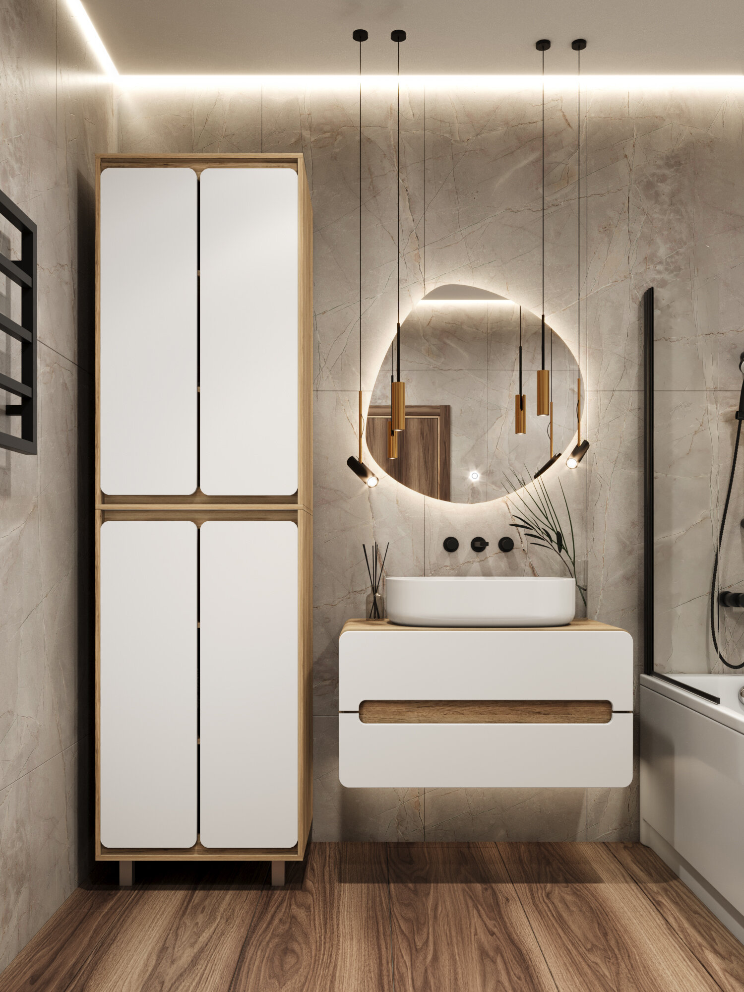 Шкаф в ванную, Напольный, МДФ, Пенал, С полками, Ширина 65, глубина 40, Высота 210, Дуб/Белый TYPE009DB