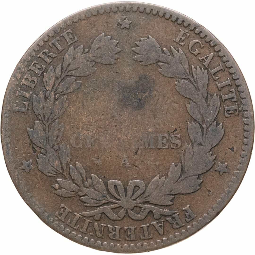 Франция 5 сантимов centimes 1875 A знак монетного двора: "A" - Париж, Бронза, в сохранности F-VF