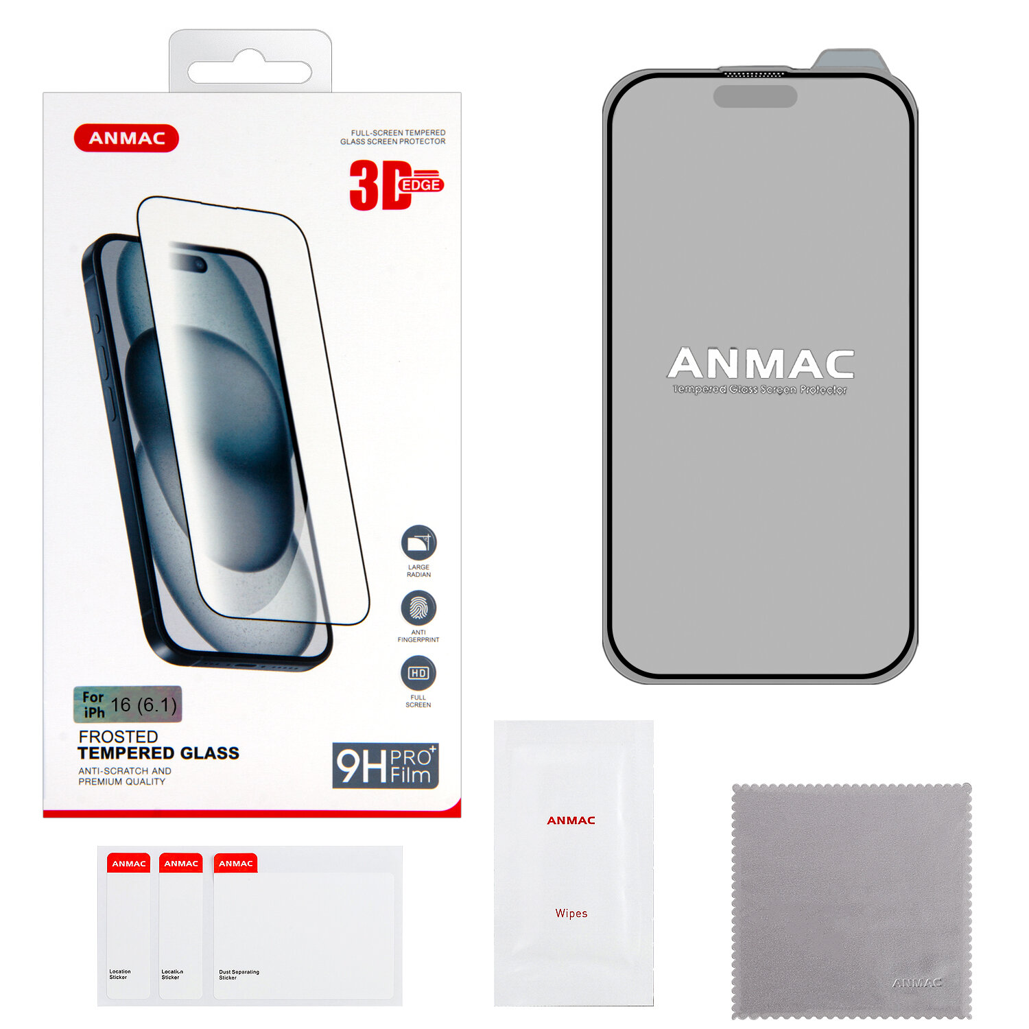Защитное стекло iPh 16 (6.1) ANMAC 3D матовое с сеточкой Арт.1137497