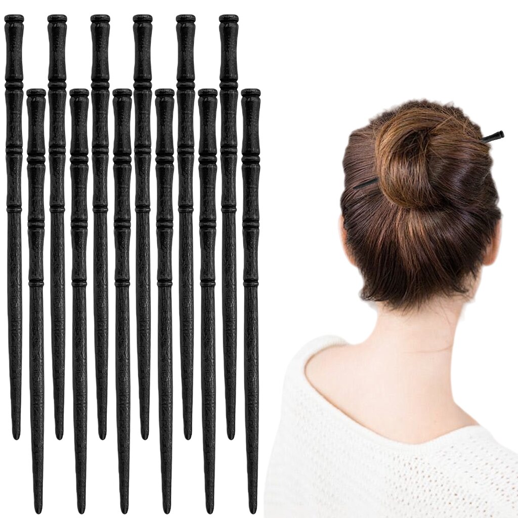 12 палочек, ретро-деревянная дисковая шпилька для волос-12 черных