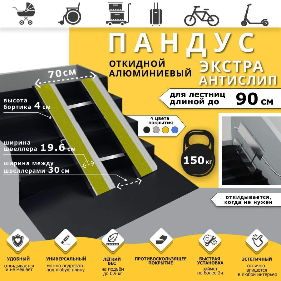 Пандус откидной алюминиевый Экстра Антислип 90 см, желтый