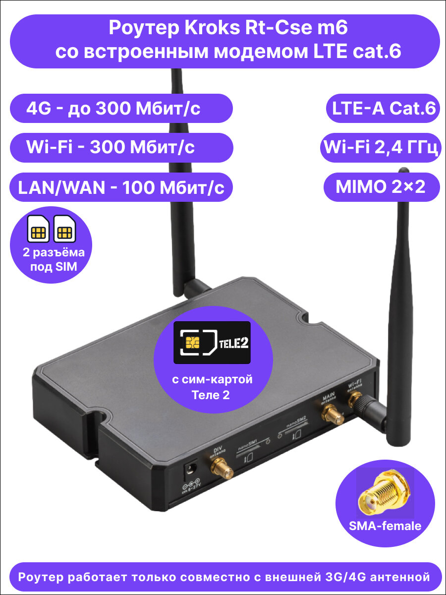 Роутер со встроенным модемом LTE cat.6, KROKS Rt-Cse m6 (SMA-female) Т2