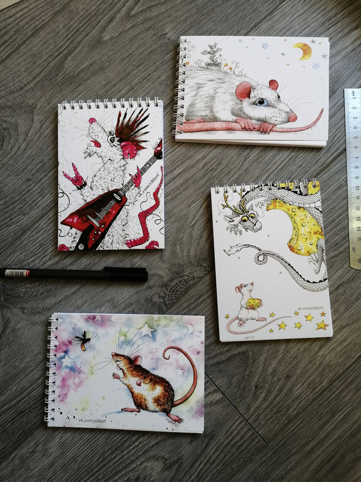 Набор блокнотов с авторскими принтами с крысами, 4 штуки, 10х15 см, 50 чистых листов в каждом