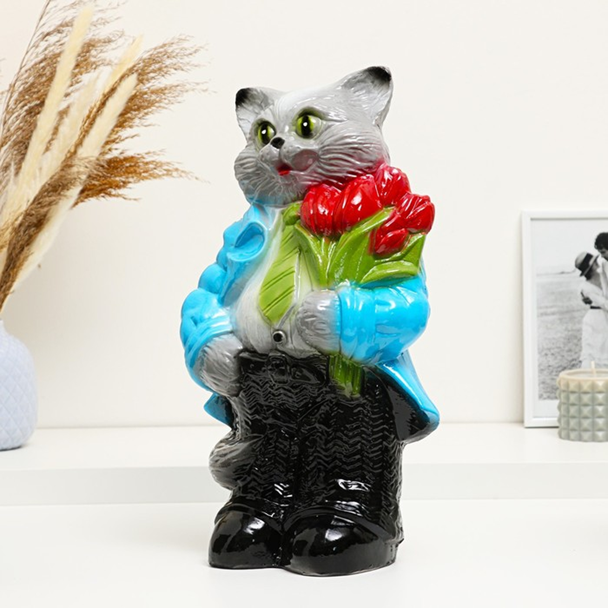 Копилка для денег «Кот большой с тюльпанами», серый, 23×16.5×40