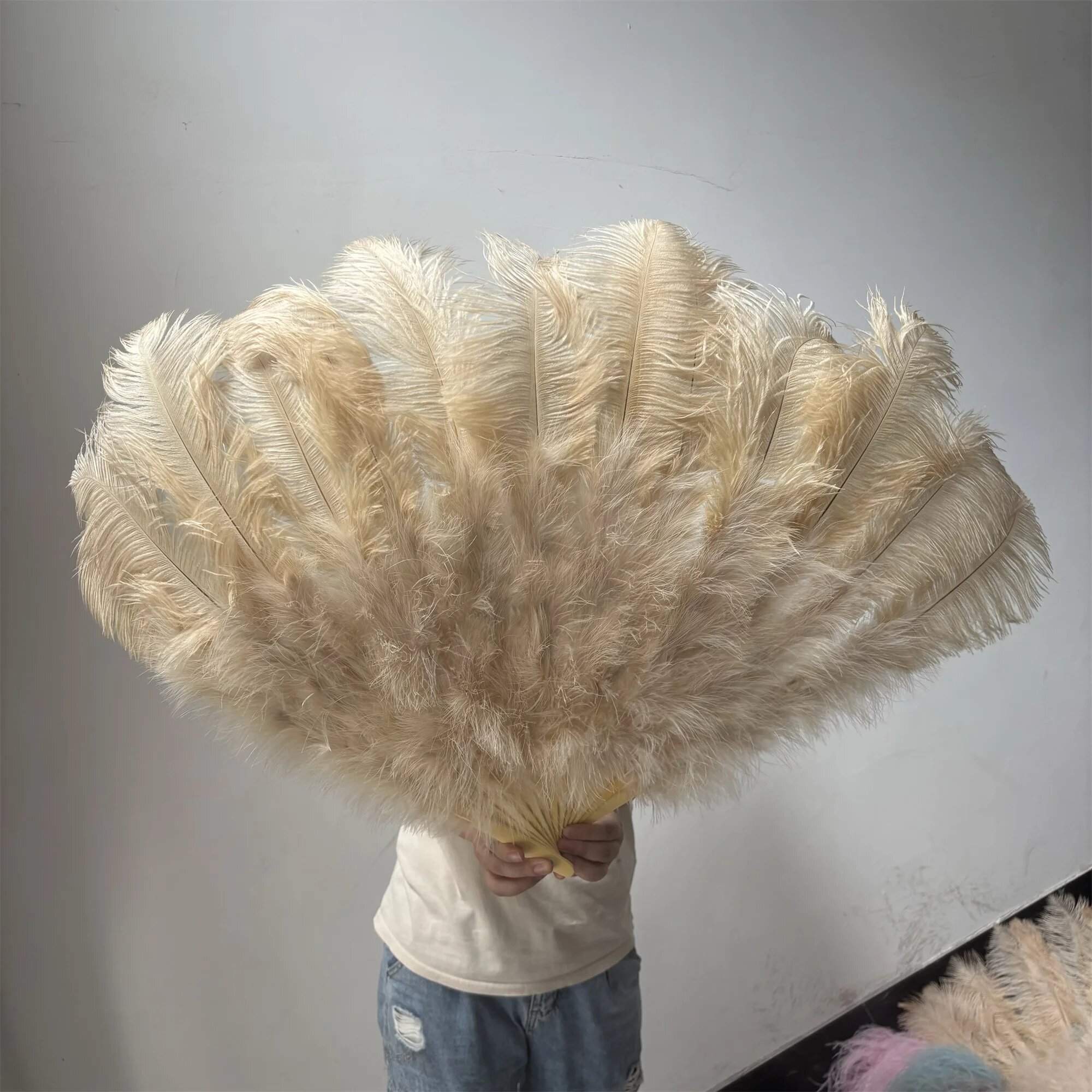 Складные розовые веера из страусиных перьев 47 khaki, 100CM 1PCS Left