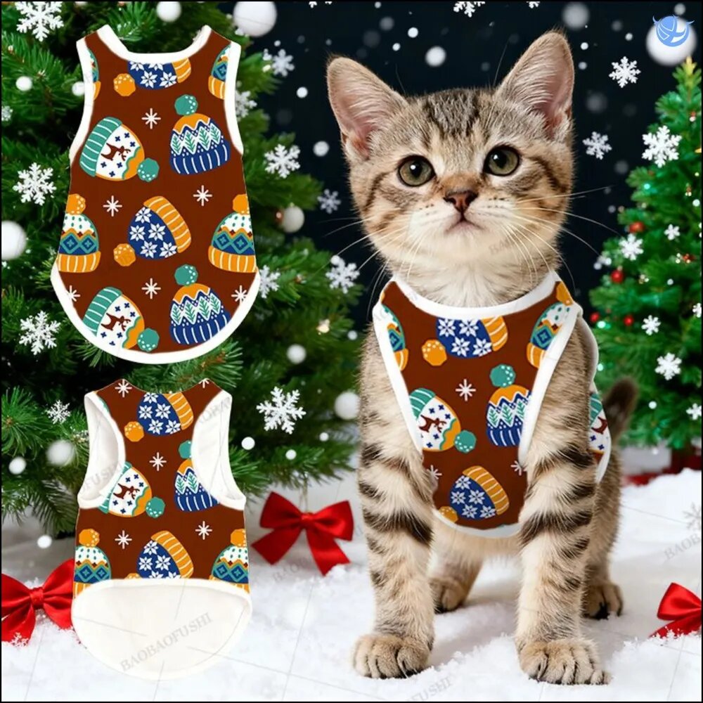 Теплая попона для кошки с новогодним дизайном