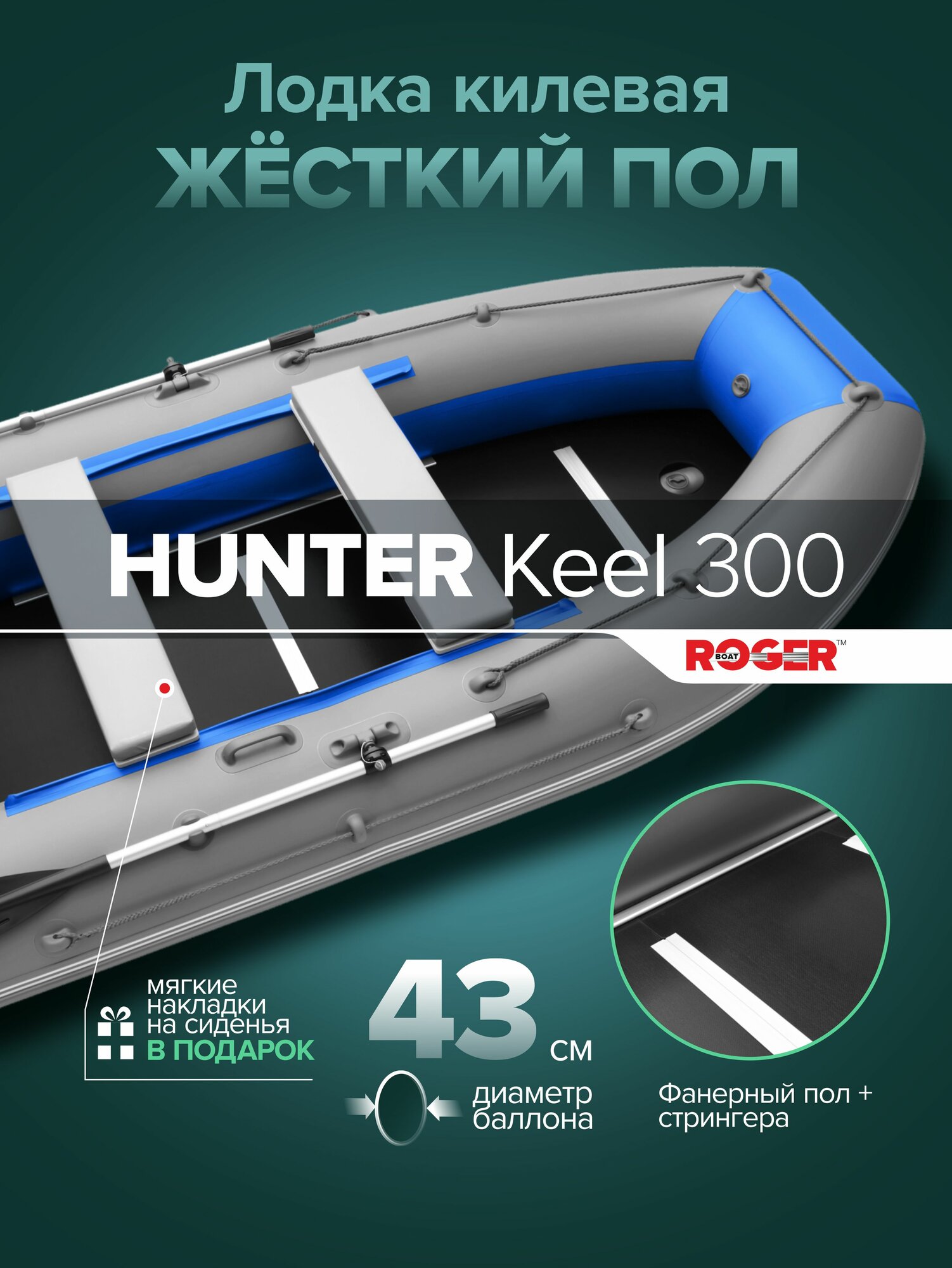 Лодка ПВХ под мотор ROGER Hunter Keel 300, надувная для рыбалки с жестким полом (серый-синий)