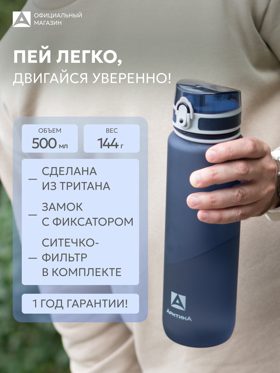 Бутылка для воды 500 мл синяя спортивная с фильтром и ремешком