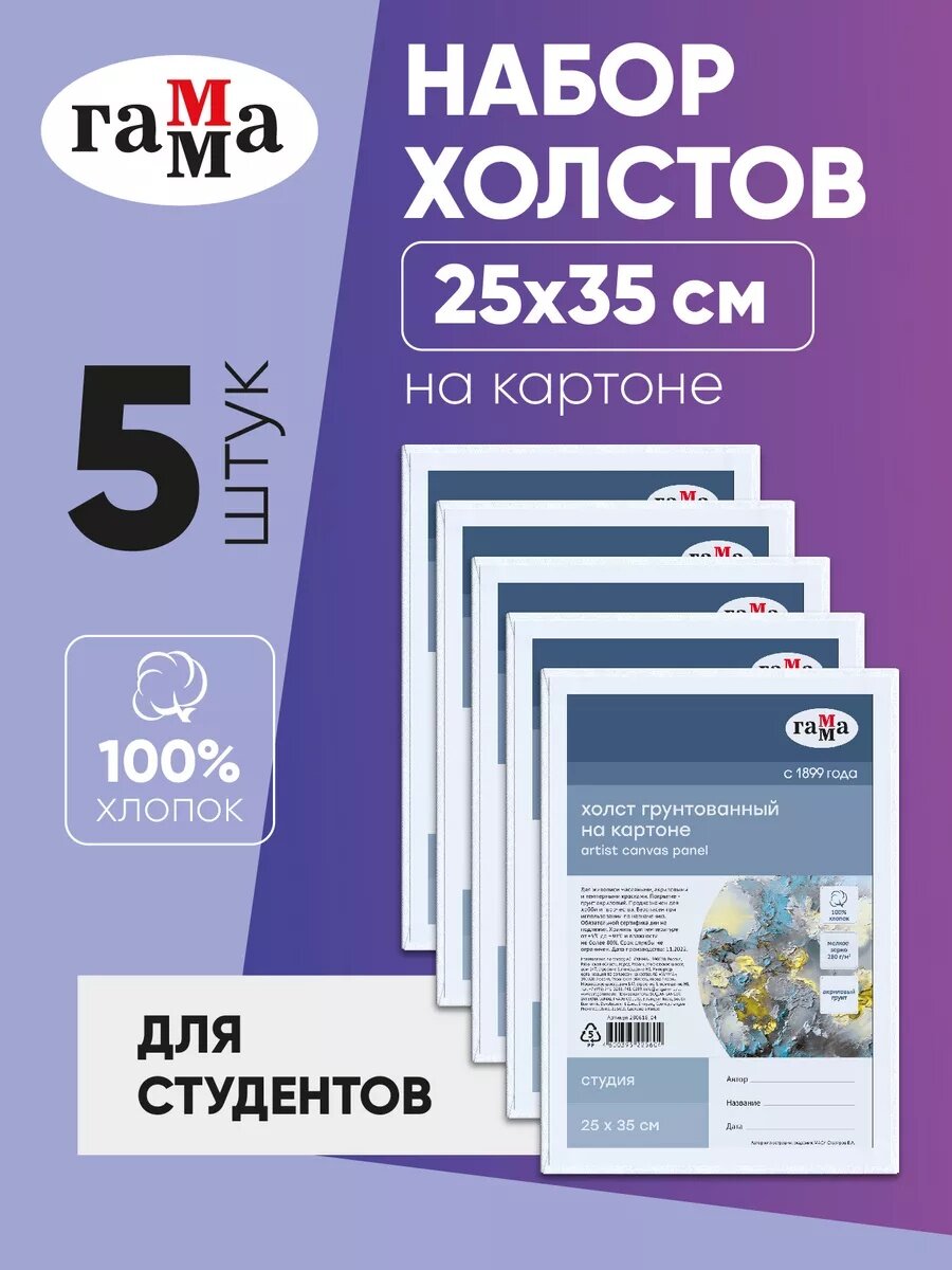 Холст на картоне 25х35 см, 100% хлопок, грунтованный, 5 штук