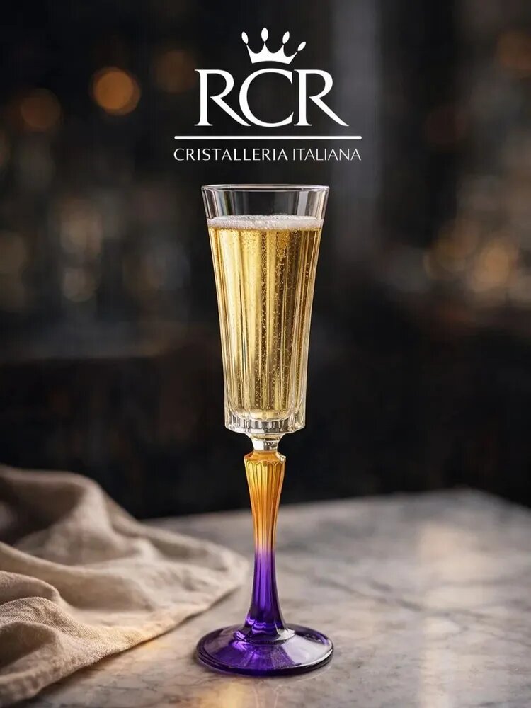 Бокалы для шампанского, подарочный набор, цветная ножка RCR "Gipsy" 2 шт, 210 мл. Хрустальное стекло. Италия