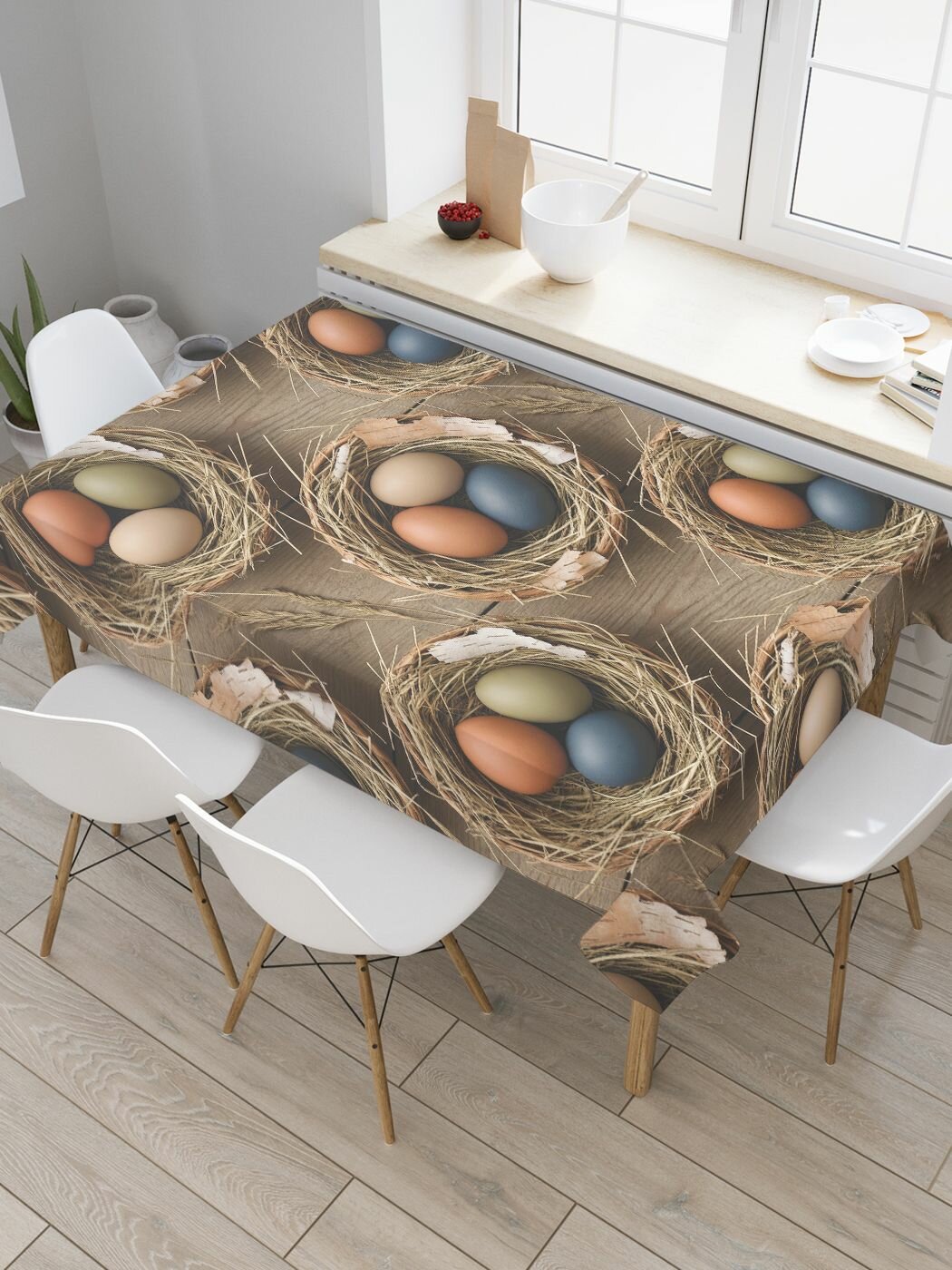 Прямоугольная водоотталкивающая скатерть на стол "Пасхальные гнезда" 120х145, JoyArty, серия Пасха