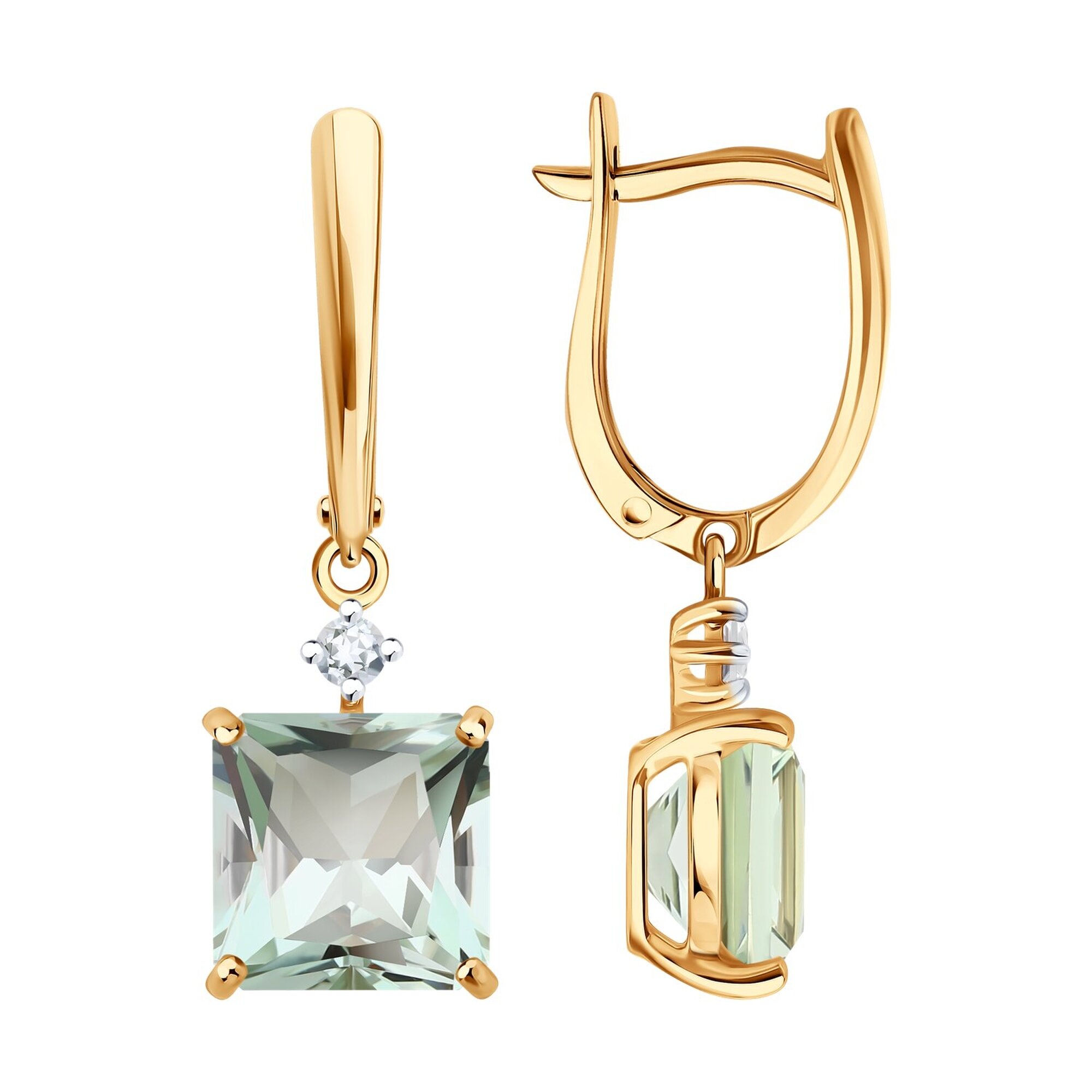 Серьги, красное золото, 585 проба, празиолит, горный хрусталь