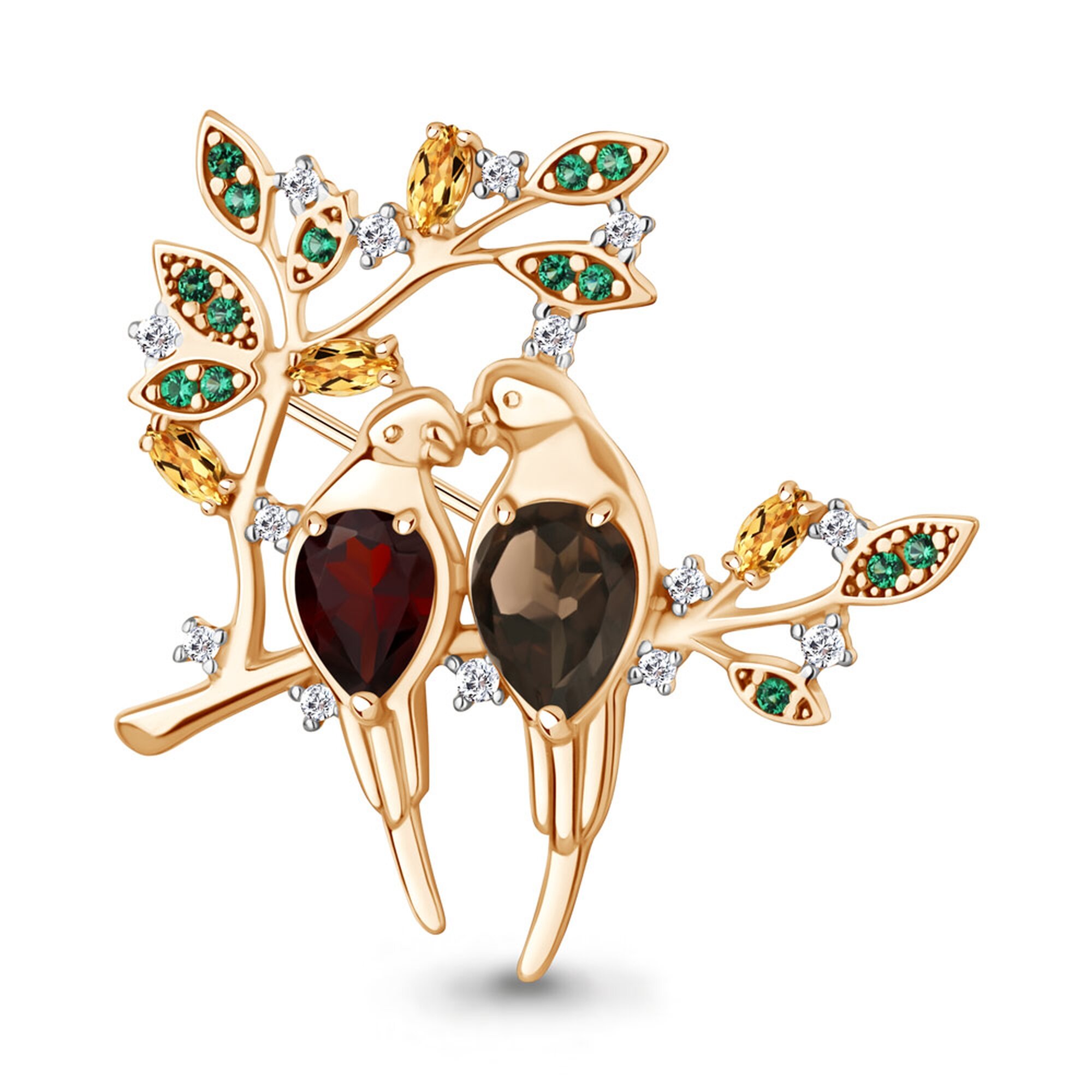 Брошь, серебро, 925 проба, золочение, гранат, изумруд синтетический, кварц, фианит, цитрин