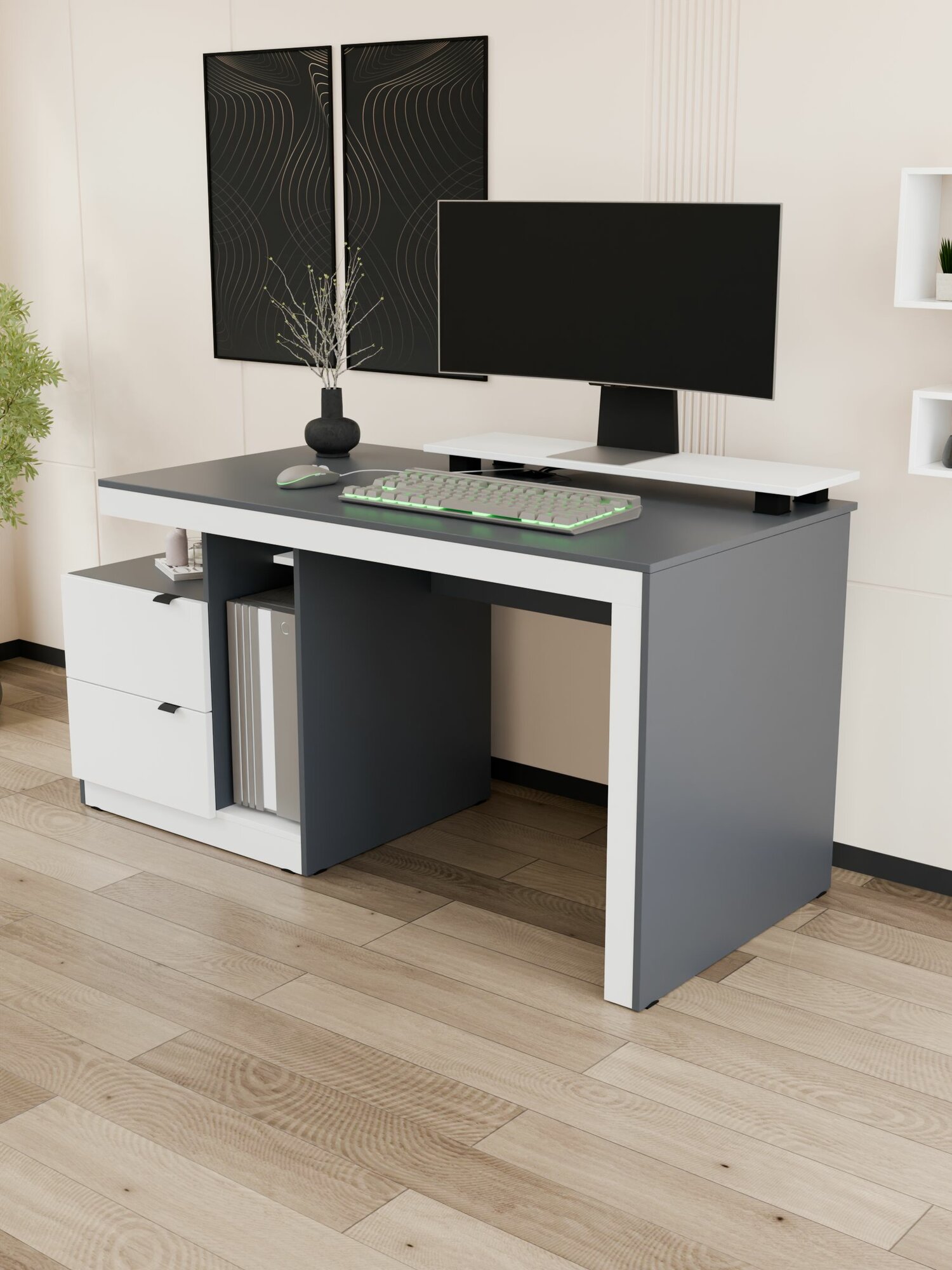 Изумлит Стол компьютерный для офиса и дома Вертикаль Лайт 162х80х74.5 см, тумба слева, графит-белый