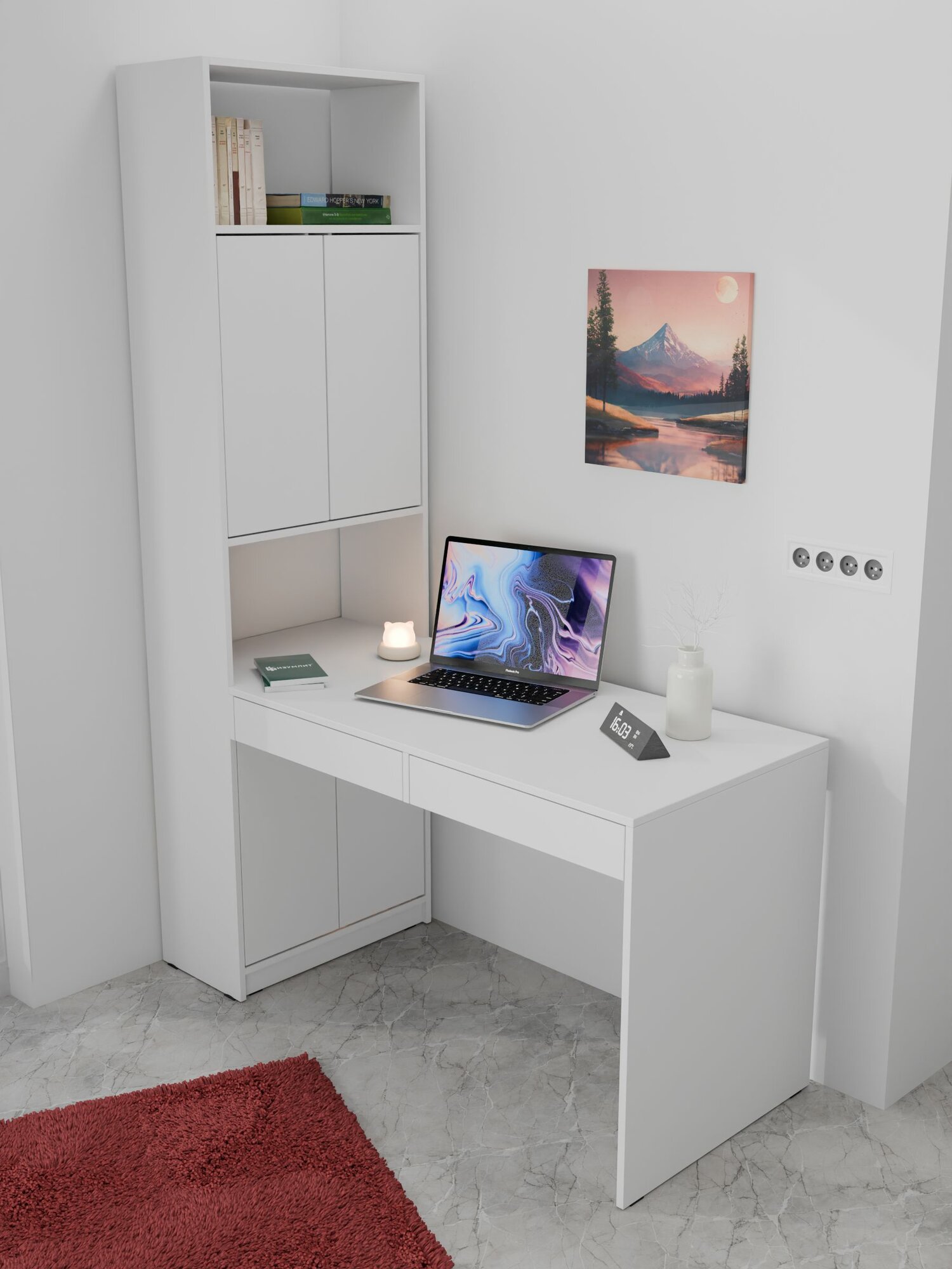 Изумлит Стол-стеллаж с дверьми письменный угловой, стеллаж слева 200х140х59.2 см, белый