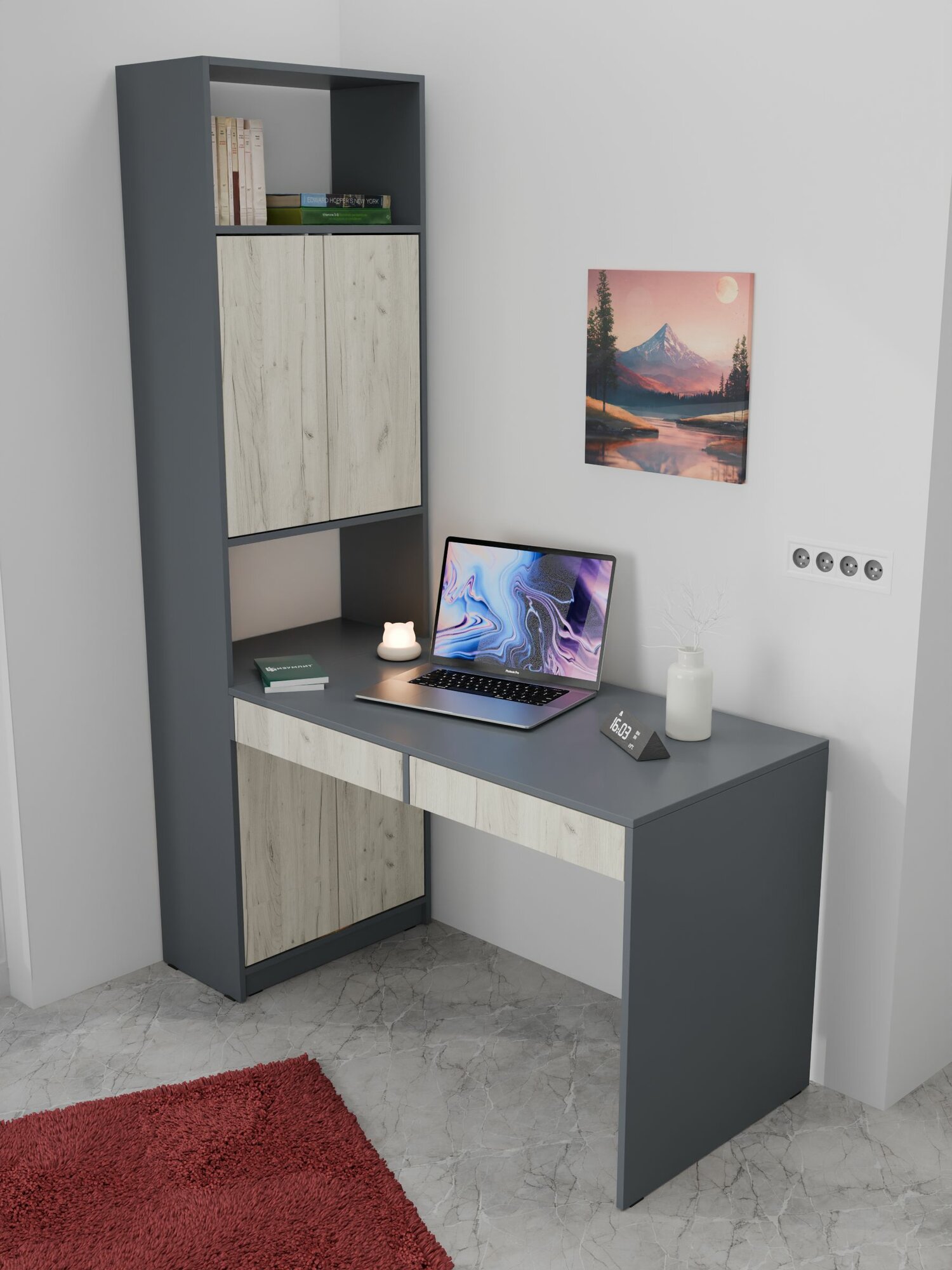 Изумлит Стол-стеллаж с дверьми письменный угловой, стеллаж слева 200х140х59.2 см, графит - дуб крафт белый