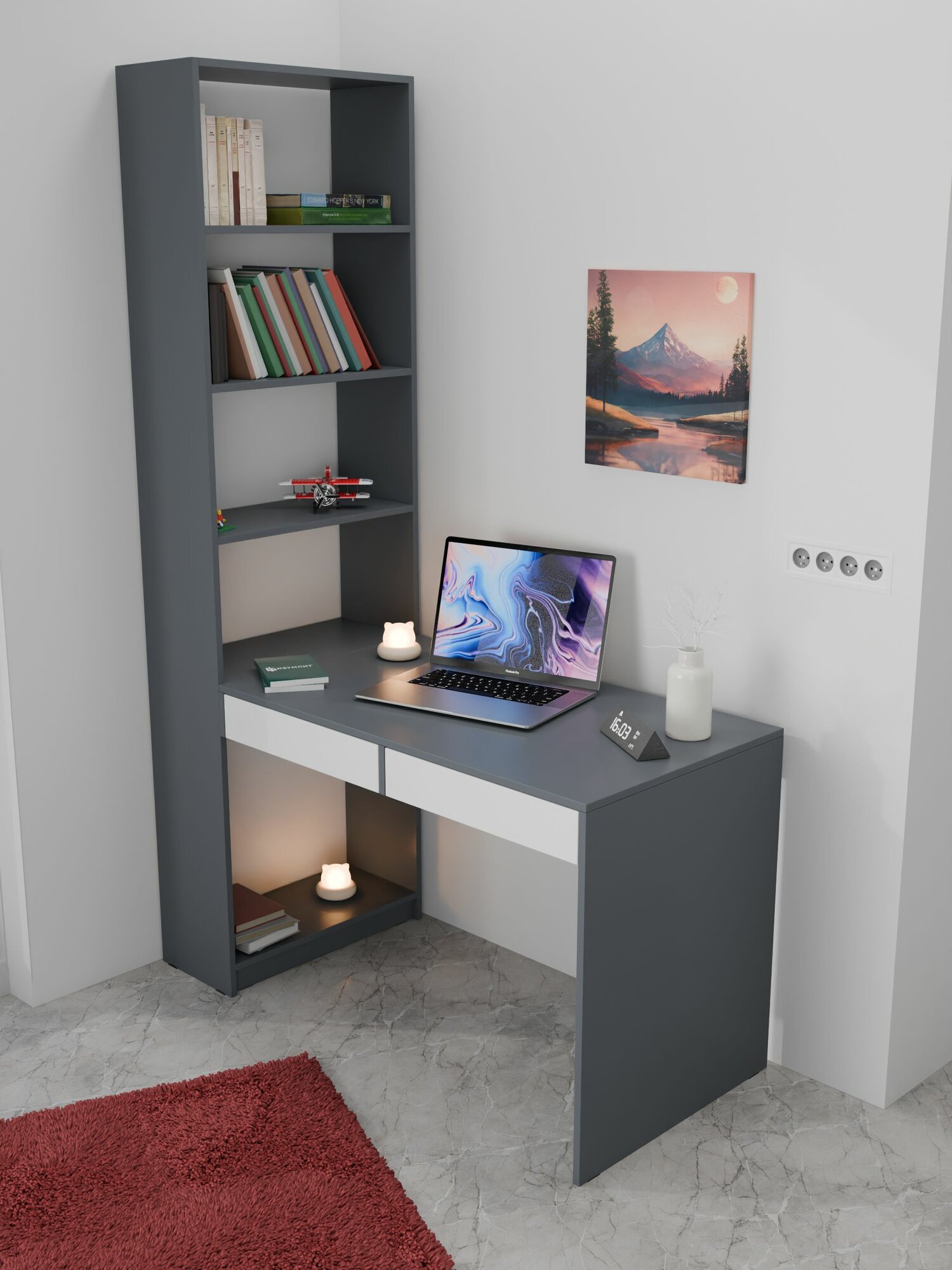 Изумлит Стол-стеллаж письменный угловой, стеллаж слева 200х130х59.2 см, графит-белый