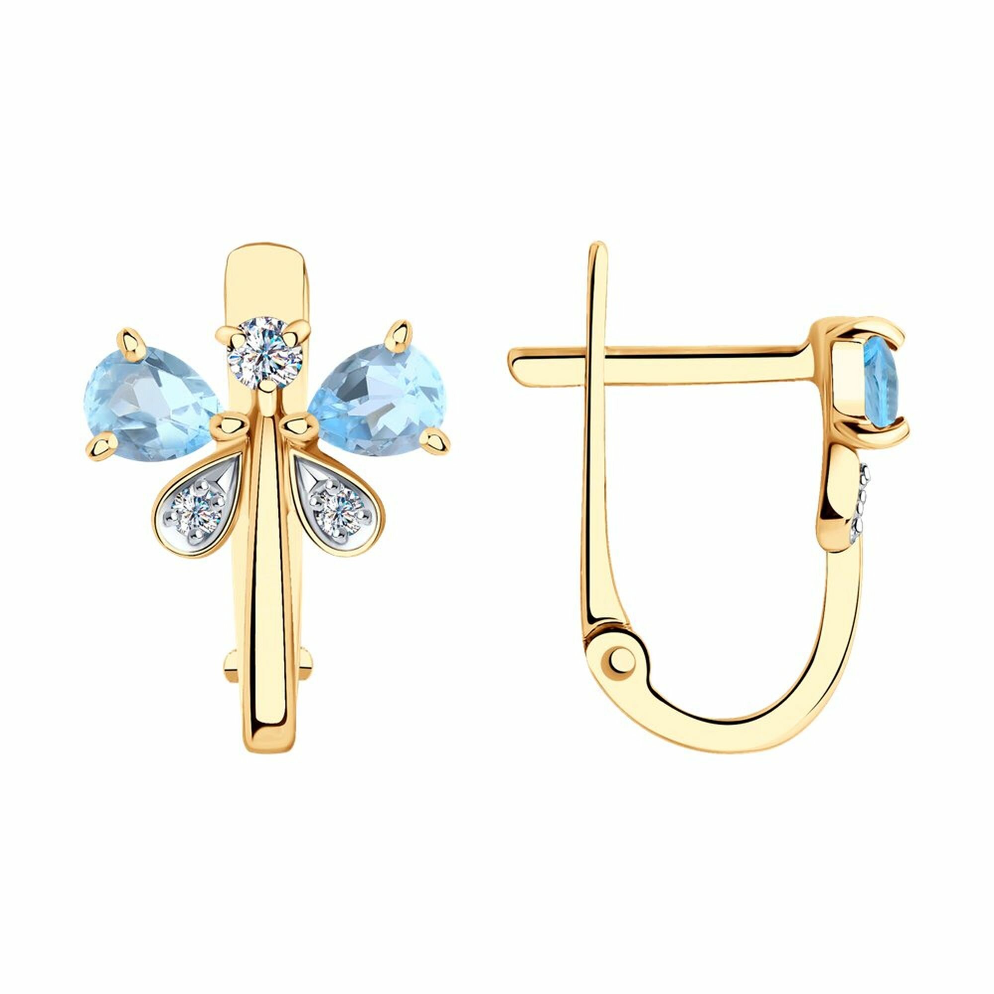 Серьги, красное золото, 585 проба, фианит, топаз