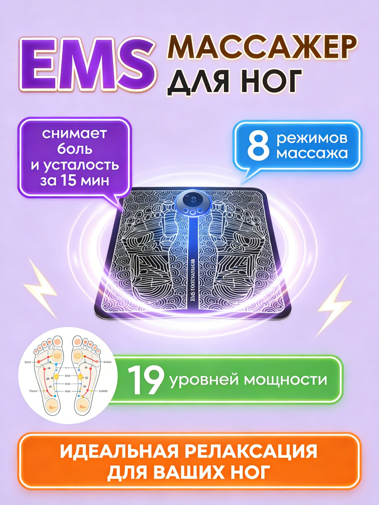 Массажный коврик миостимулятор для ног электрический, акупунктурный массажер для стоп