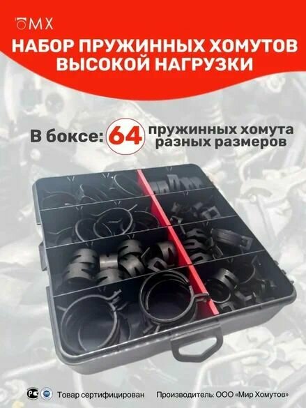 Набор хомутов пружинных маленький (64 шт) Мир Хомутов бокс 200х200х45