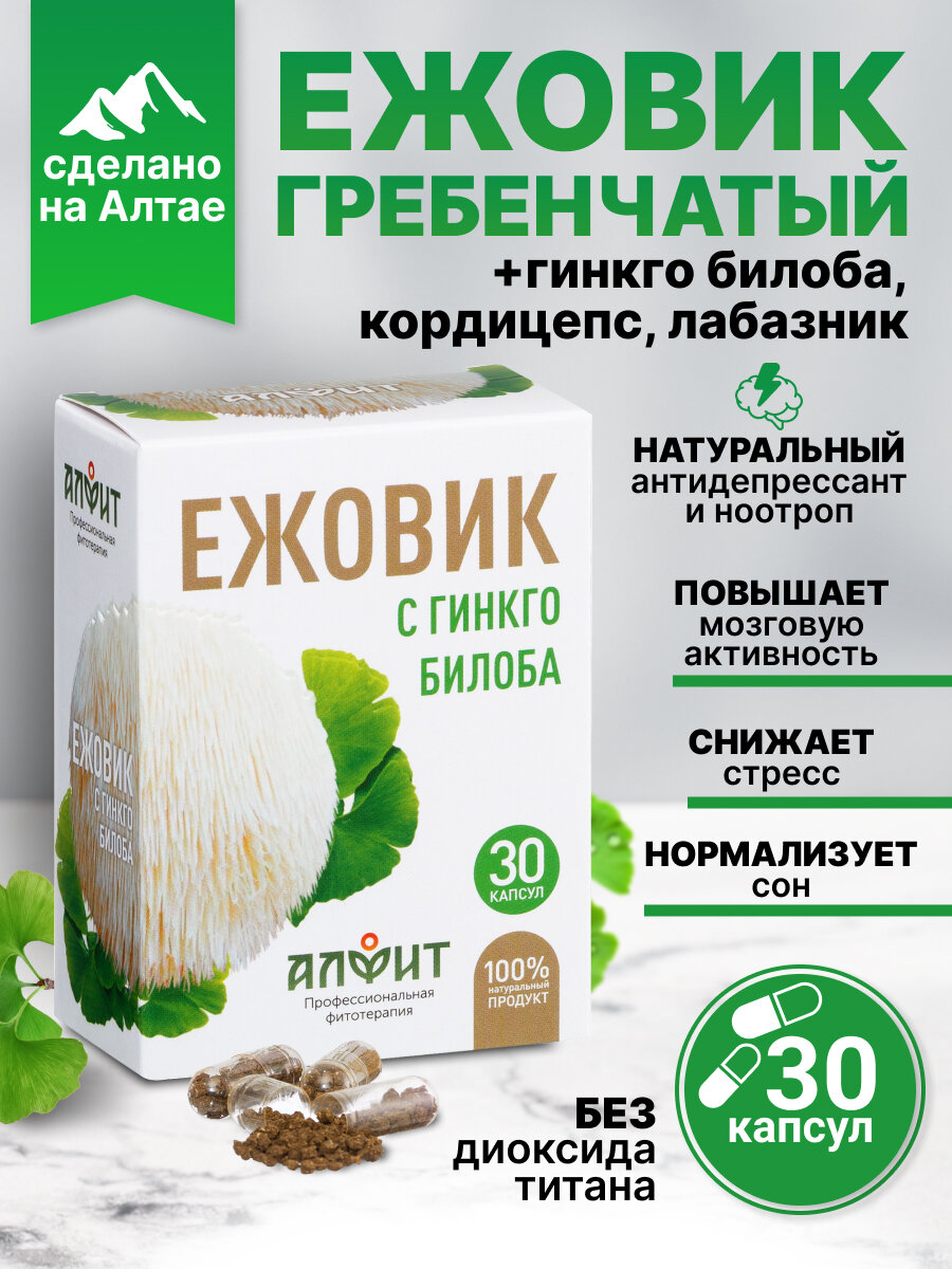 Фитоконцентрат Алфит "Ежовик Гребёнчатый с Гинко Билоба, Кордицепсом, Лабазником", 60 шт