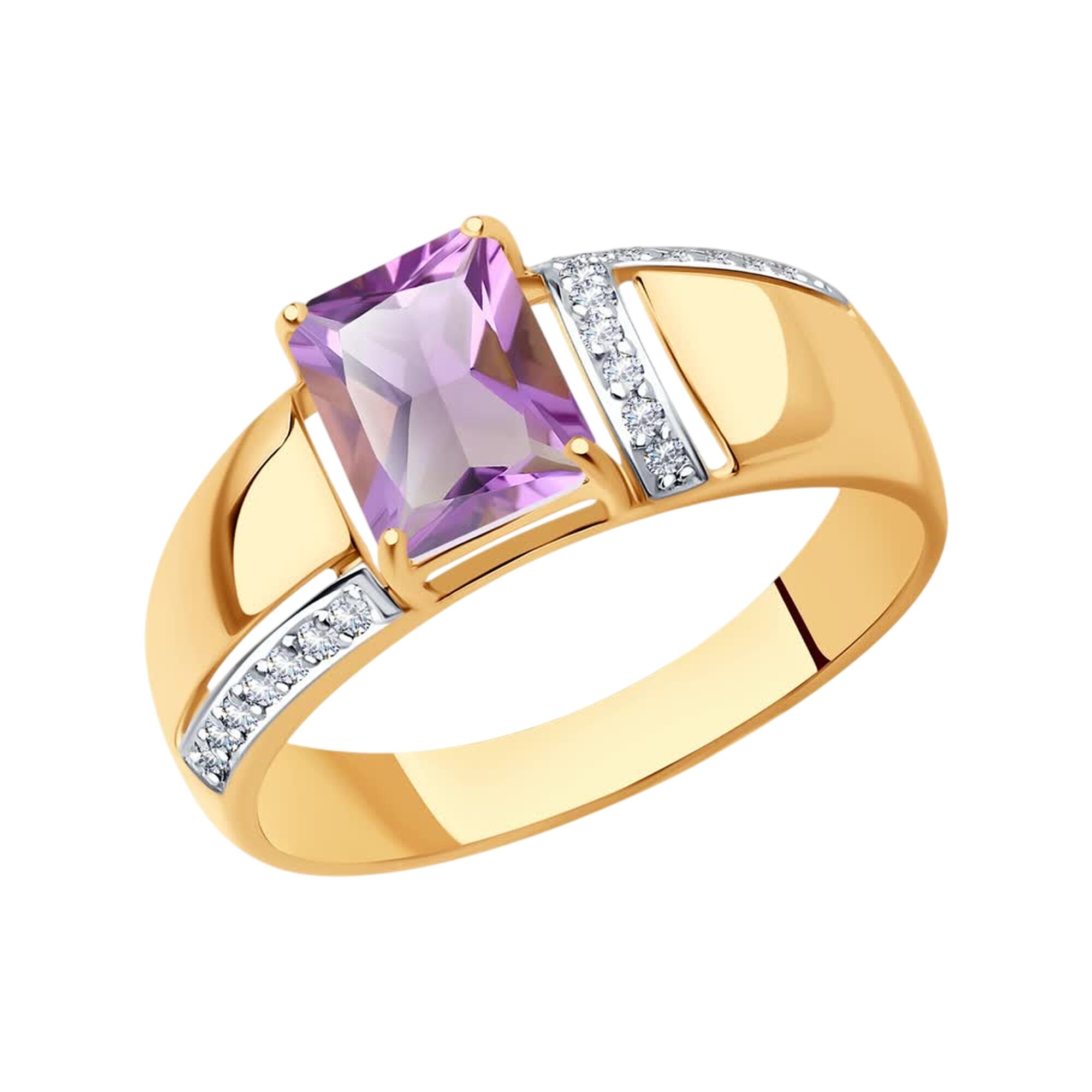 Кольцо, красное золото, 585 проба, фианит, аметист