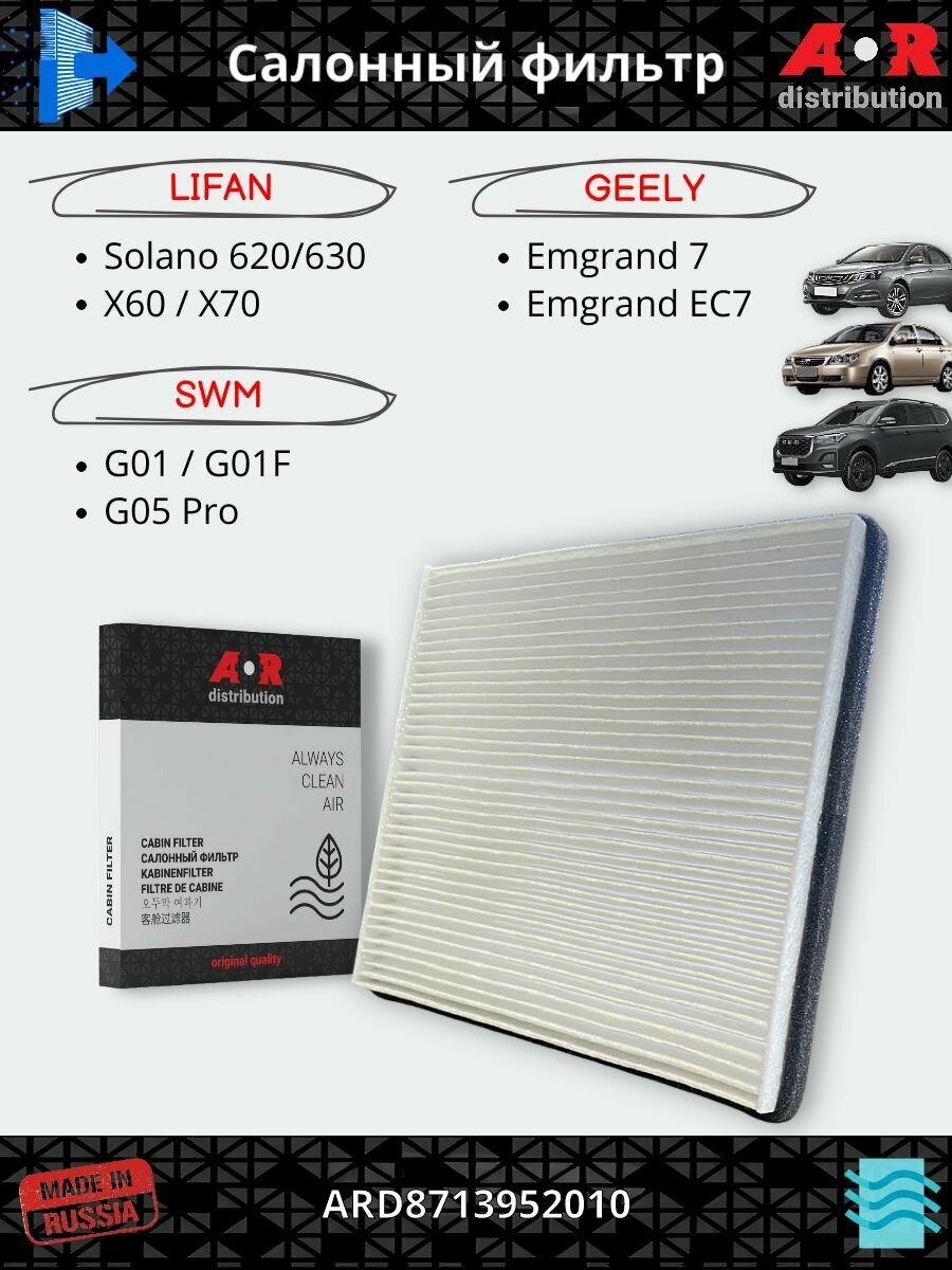 Салонный фильтр Geely Emgrand 7; SWM G01, G05 Pro; Lifan Solano, X60, X70; Toyota RAV 4 (XA20) / 8713952010