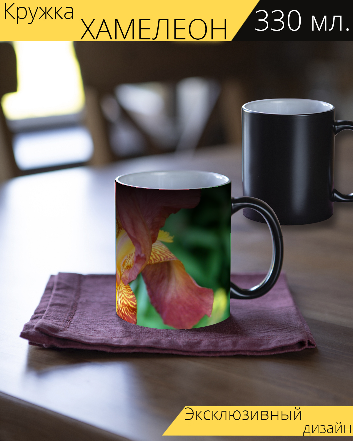 Кружка хамелеон с принтом "Фиолетовый Ирис Фиолетовый Ирис ирис цветок фиолетовый лиловый желтый" 330 мл.