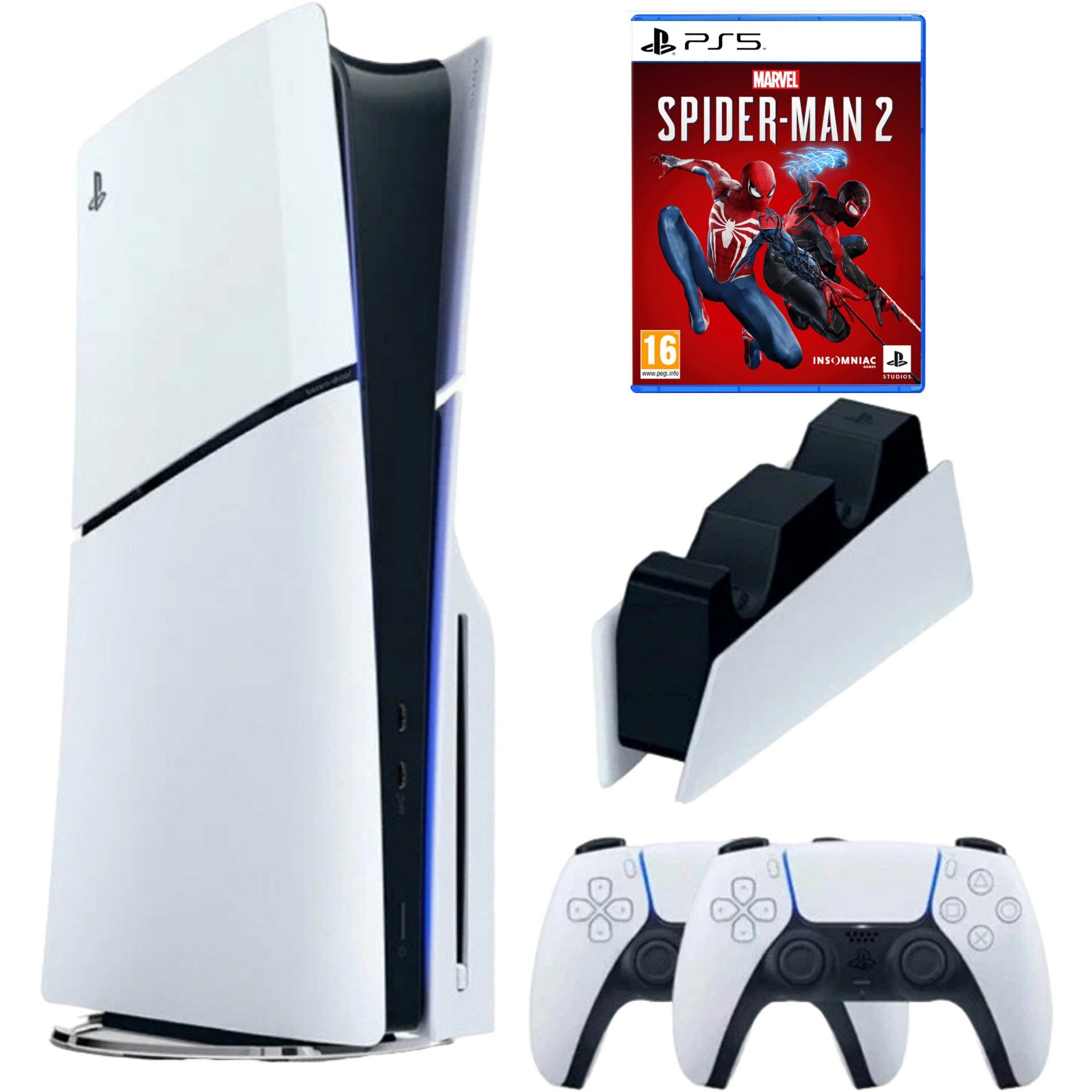 Игровая приставка Sony PlayStation 5 Slim, 1ТБ(с дисководом), Два геймпада + Зарядная станция + игра Spider-Man2
