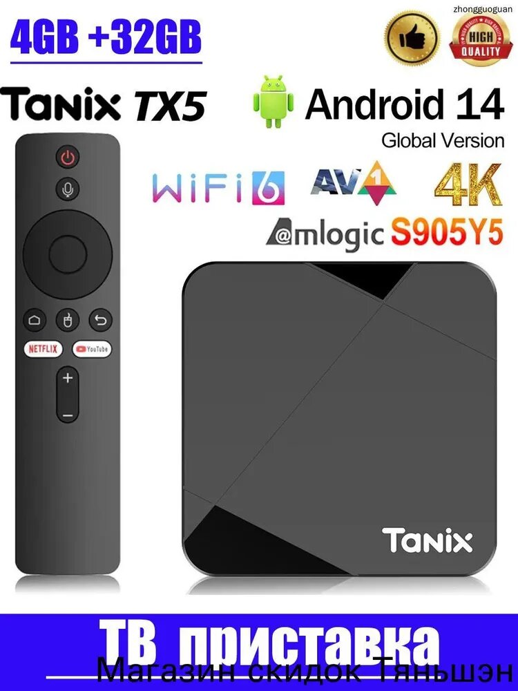Медиаплеер Tanix TX5 (4+32gb) 2025 с Wi-Fi 6 Android TV Box 4K HDR Мощный чипсет S905Y5 Двухдиапазонный Wi-Fi