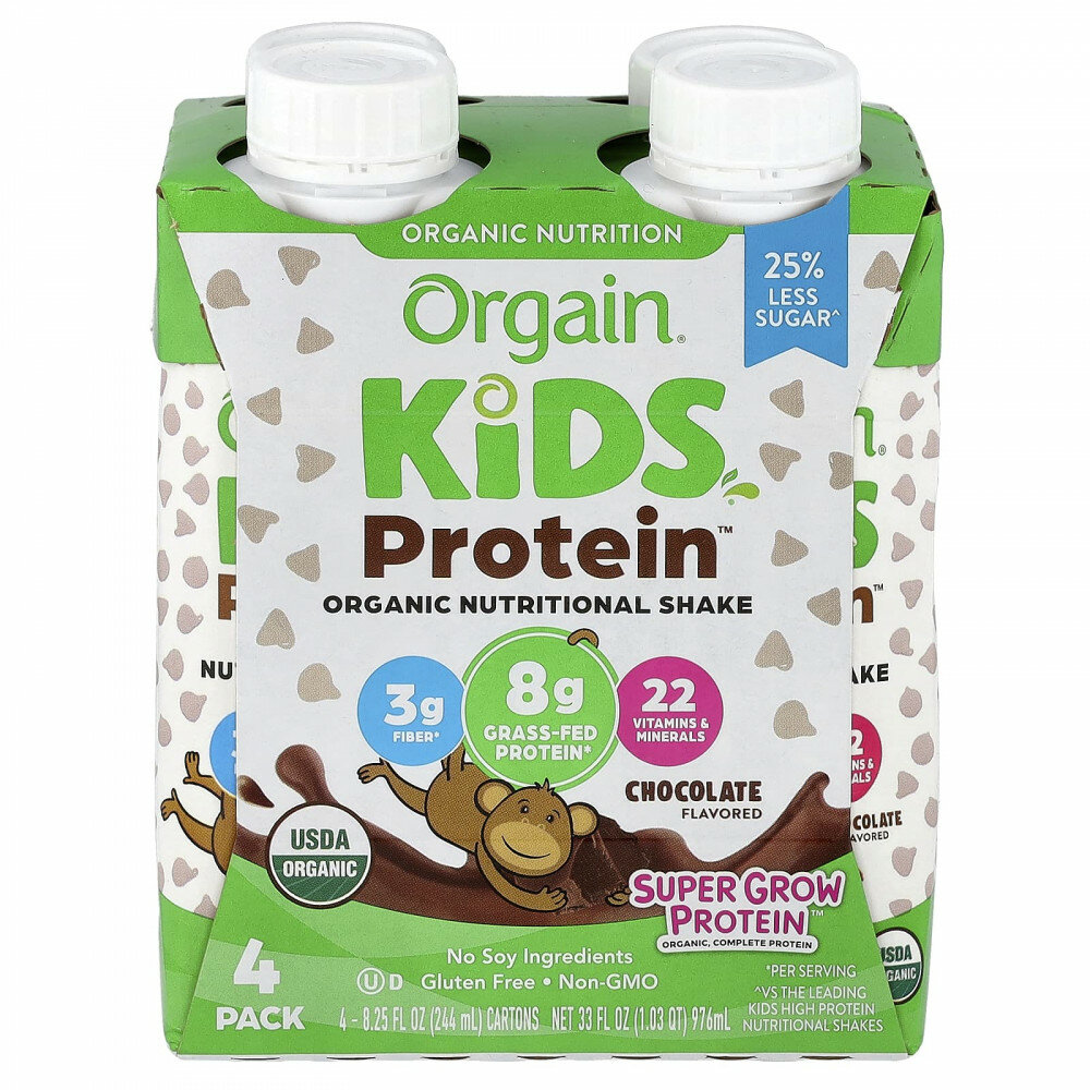 Orgain, Kids Protein™, органический питательный коктейль, шоколадный вкус, 4 пакетика по 244 мл (8,25 жидк. унции)