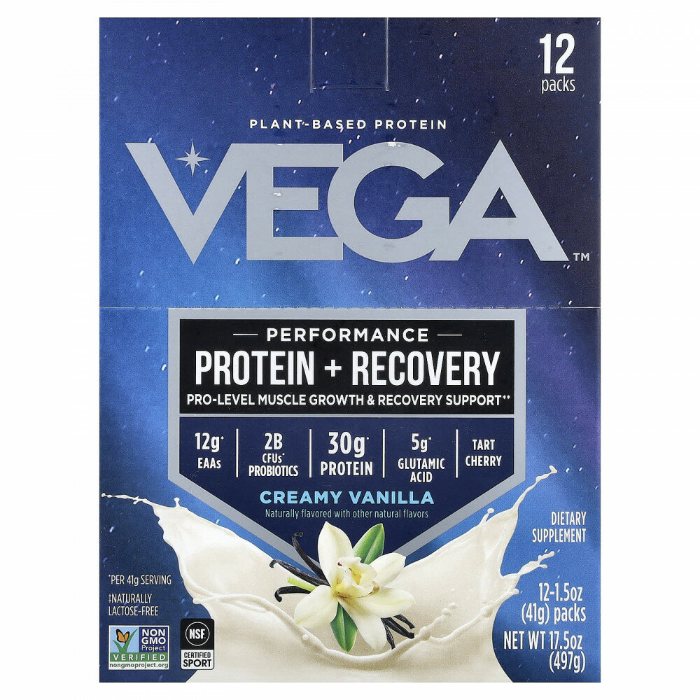 Vega, Растительный протеин, протеин для повышения эффективности и восстановления, кремовая ваниль, 12 пакетиков по 41 г (1,5 унции)