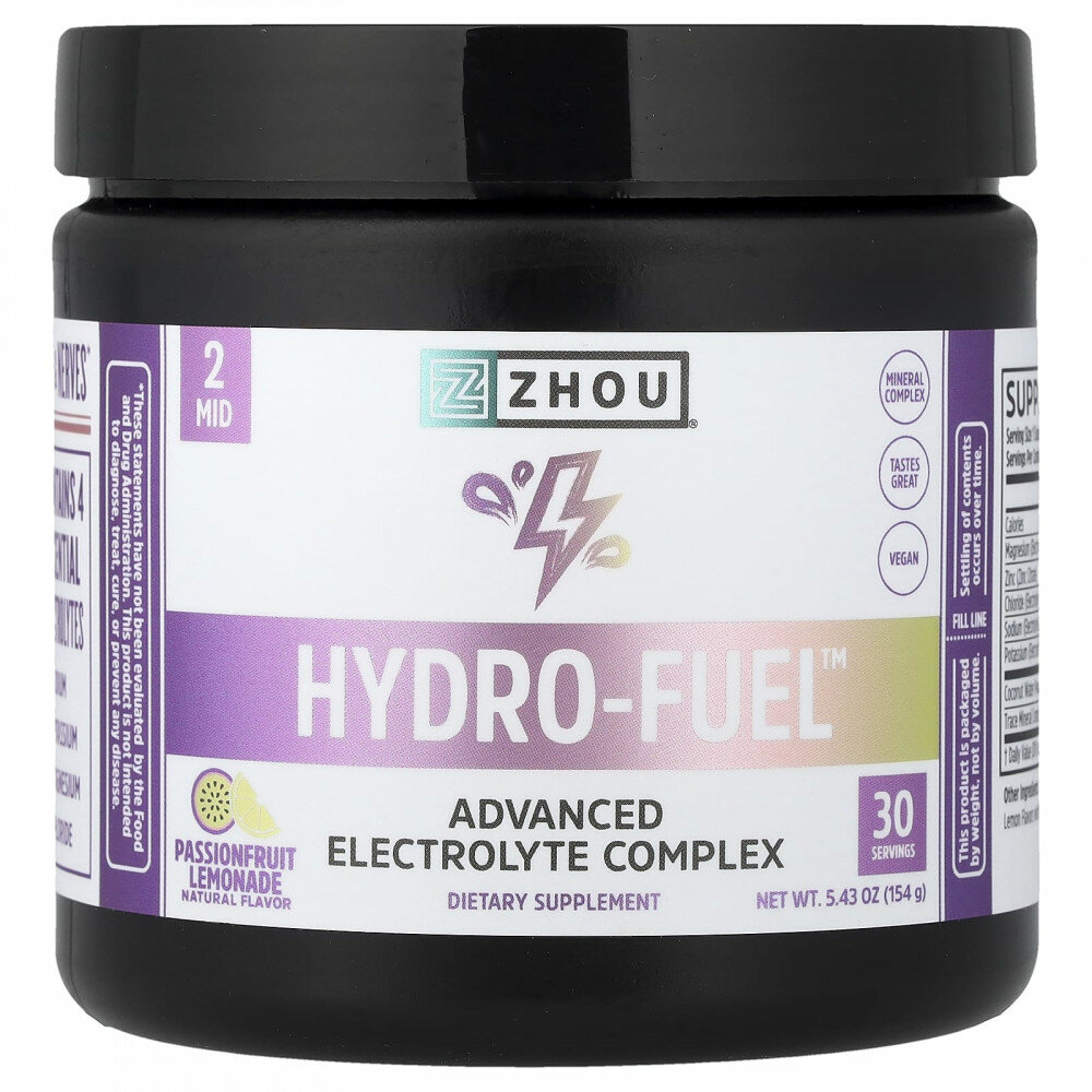 Zhou Nutrition, Hydro-Fuel™, улучшенный комплекс электролитов, со вкусом лимонада из маракуйи, 154 г (5,43 унции)