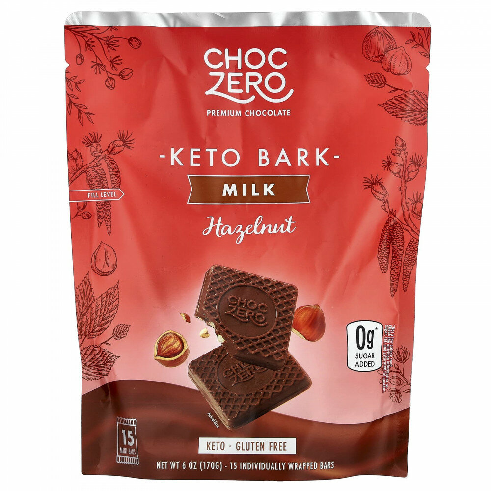 ChocZero, Keto Bark, молочный шоколад, фундук, 15 мини-батончиков, 170 г (6 унций)