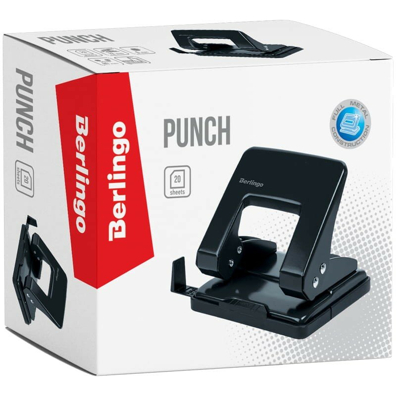 Дырокол BERLINGO на 20л. металл, черный с линейкой (DDm 20041)