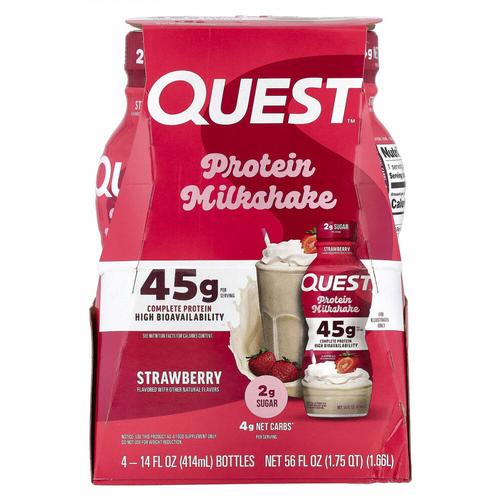 Quest Nutrition, Протеиновый молочный коктейль, клубника, 4 флакона по 414 мл (14 жидк. Унций)