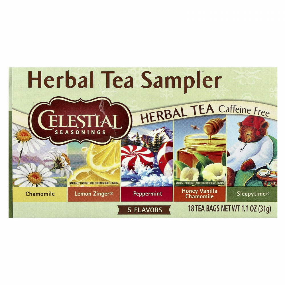 Celestial Seasonings, Пробник травяного чая, 5 вкусов, без кофеина, 18 чайных пакетиков, 31 г (1,1 унции)