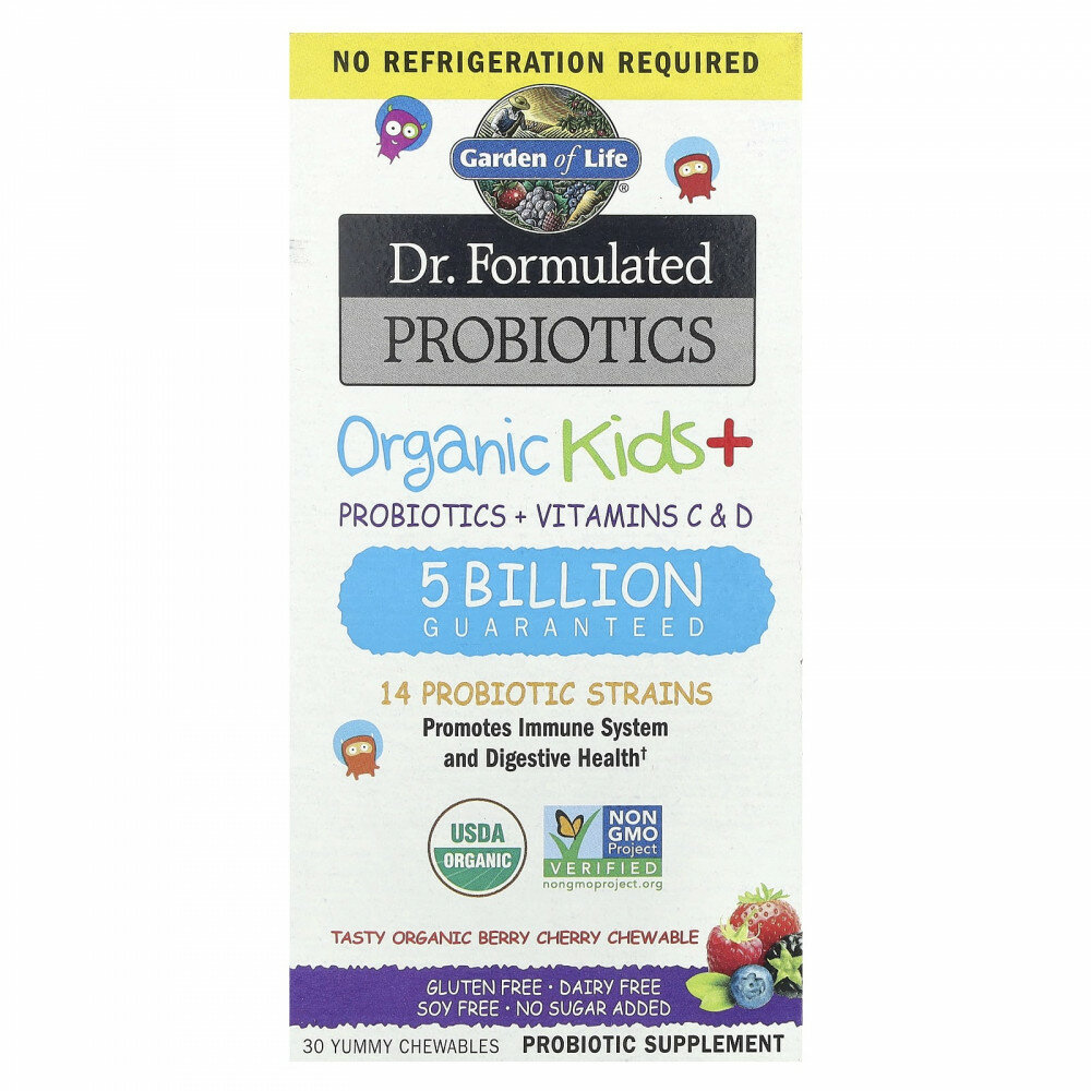 Garden of Life, Dr. Formated Probiotics, Organic Kids +, вкусные органические ягоды и вишня, 30 вкусных жевательных таблеток