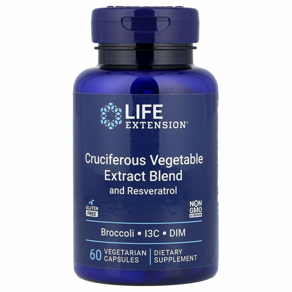 Life Extension, смесь экстрактов крестоцветных овощей с ресвератролом, 60 вегетарианских капсул
