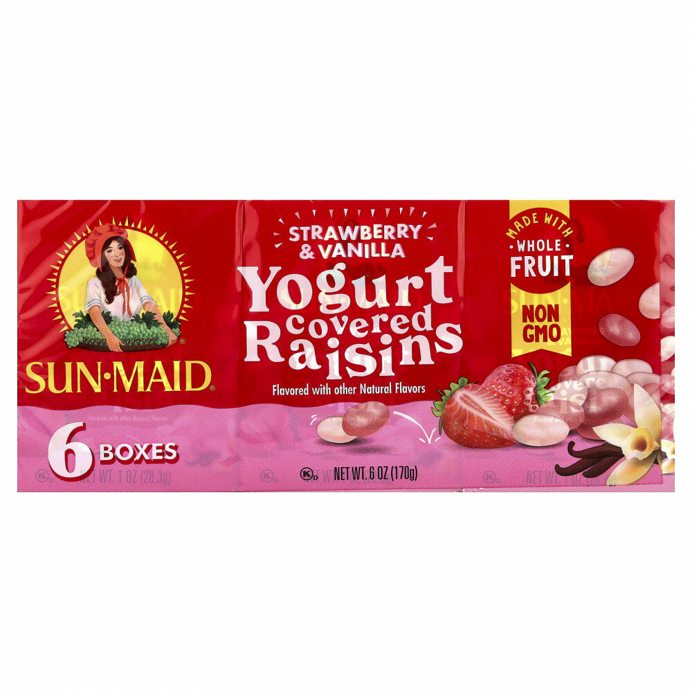 Sun-Maid, Йогуртовый изюм, клубника и ваниль, 6 коробок по 28,3 г (1 унция)