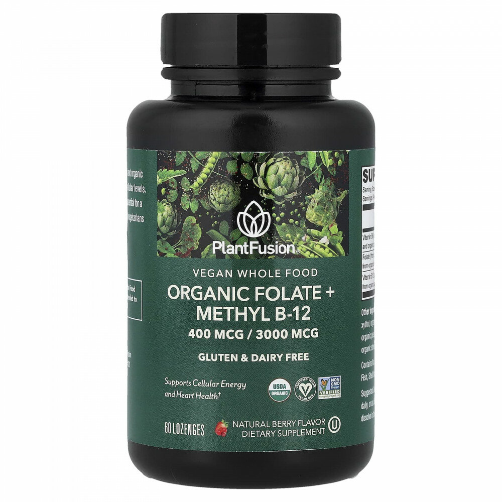 PlantFusion, веганские цельные продукты, органические фолаты и метил B12, со вкусом натуральных ягод, 60 пастилок