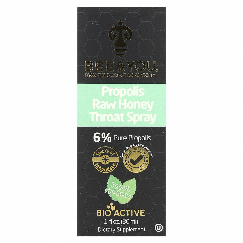 Bee & You, Спрей для горла с прополисом, необработанный мед, 30 мл (1 жидк. Унция)