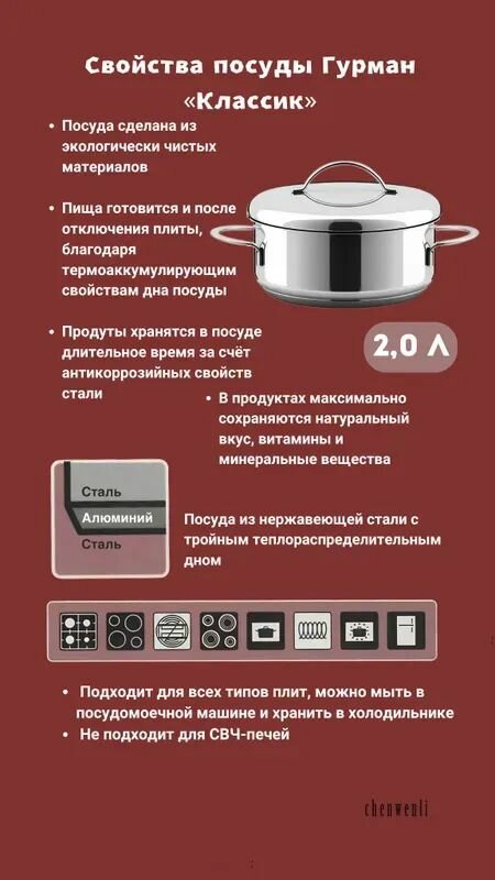 Кастрюля ВСМПО-посуда 2,0 л Гурман-Классик из нержавеющей стали AISI 304L с тройным дном