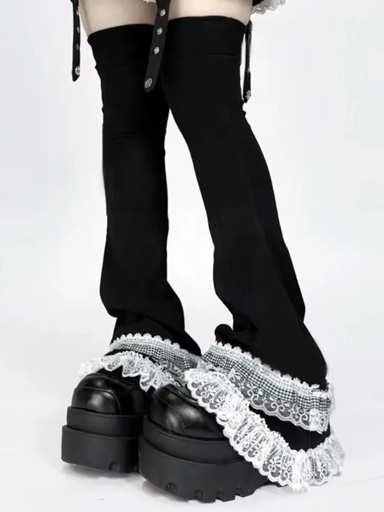 Гетры женские белые, лавсан, универсальный размер, с кружевной отделкой и клетчатым принтом, Y2K, Лолита