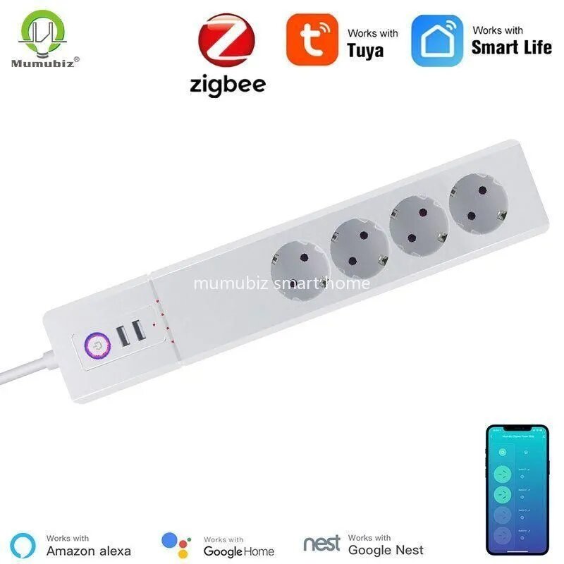 Умный удлинитель Mumubiz с USB, Wi-Fi и Zigbee, для Smart Life, Alexa, Google Home, 4 розетки, 1.5м