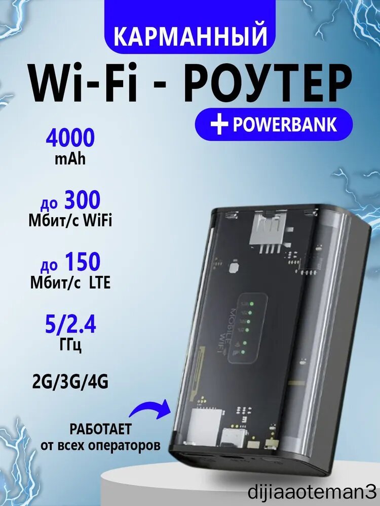 Карманный беспроводной WiFi Роутер с сим картой Повербанк, прошитый, любой тариф