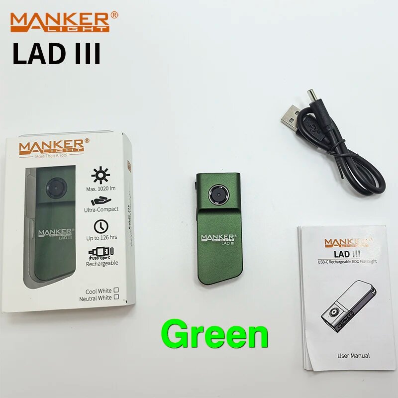 Фонарик EDC с зарядкой по USB-C MANKERLIGHT LAD III — LAD III Green CW