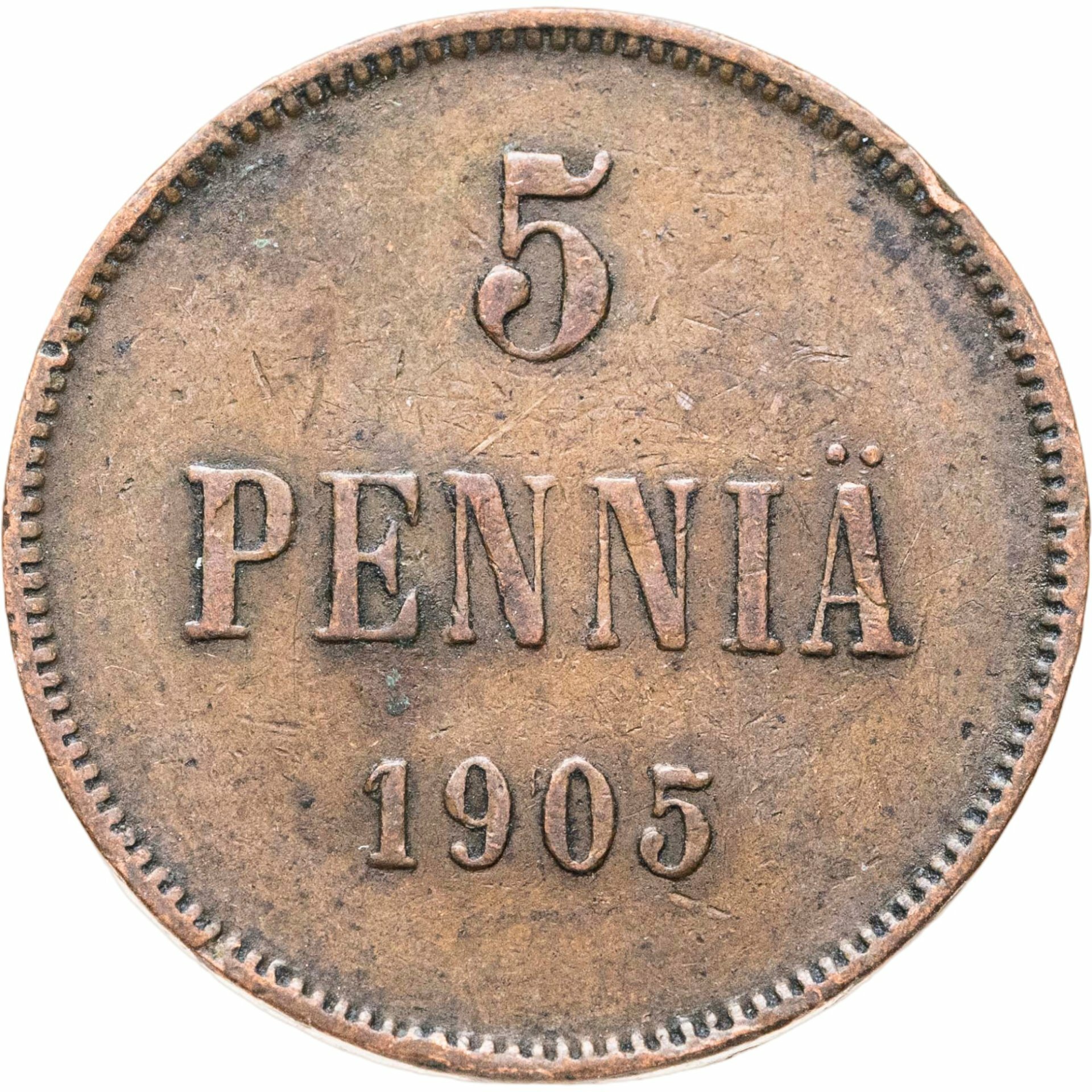 5 пенни pennia 1905, монета для Финляндии, Медь, в сохранности VF